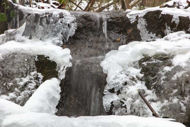 Mini Waterfall Covered with Ice and Snow Stock Photo - Image of river ...