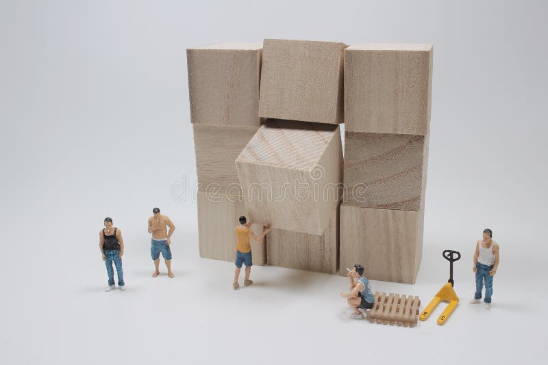A Mini of Worker Move the Big Wood Cube Stock Photo - Image of mother ...