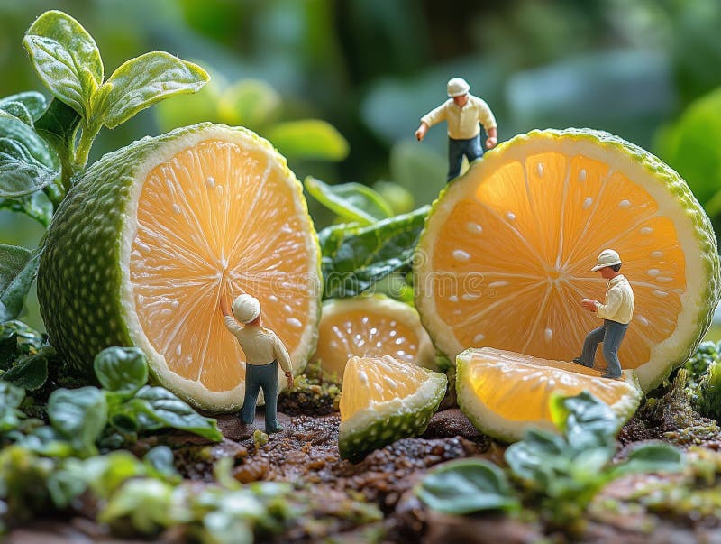 Mini Workers and Green Ugli Fruit Stock Illustration - Illustration of ...
