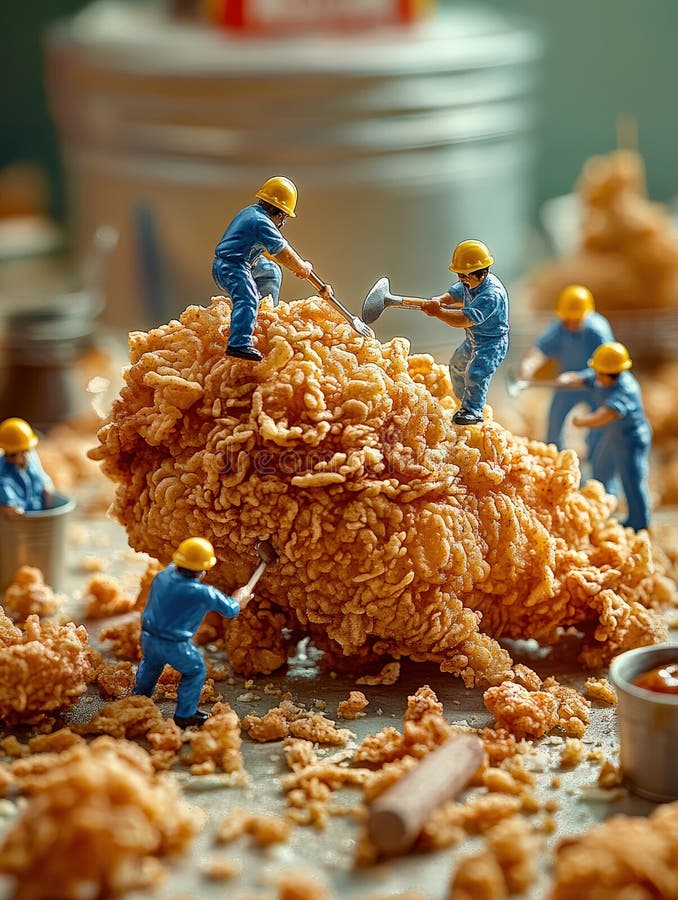 Mini Workers Sculpting a Giant Fried Chicken in a Playful Culinary ...