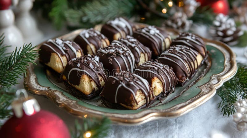 Mini Yule Logs with Chocolate Glaze on a Holiday Platter Stock ...