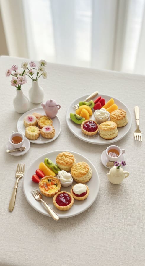 Miniature Afternoon Tea Setting with Pastries and Fruit Stock ...