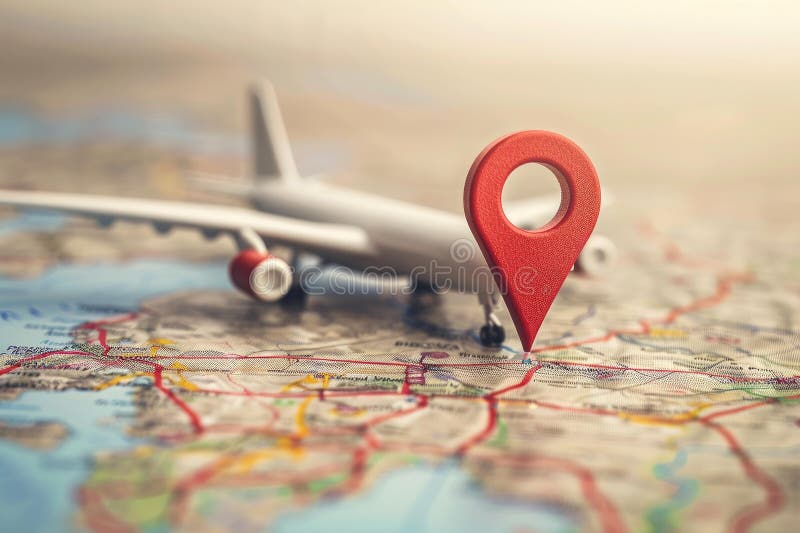 Miniature Airplane Model Standing on Map with Red Destination Pin Stock ...