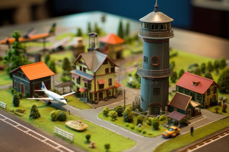 Miniature Airport with Small Airplanes and Control Tower Stock ...