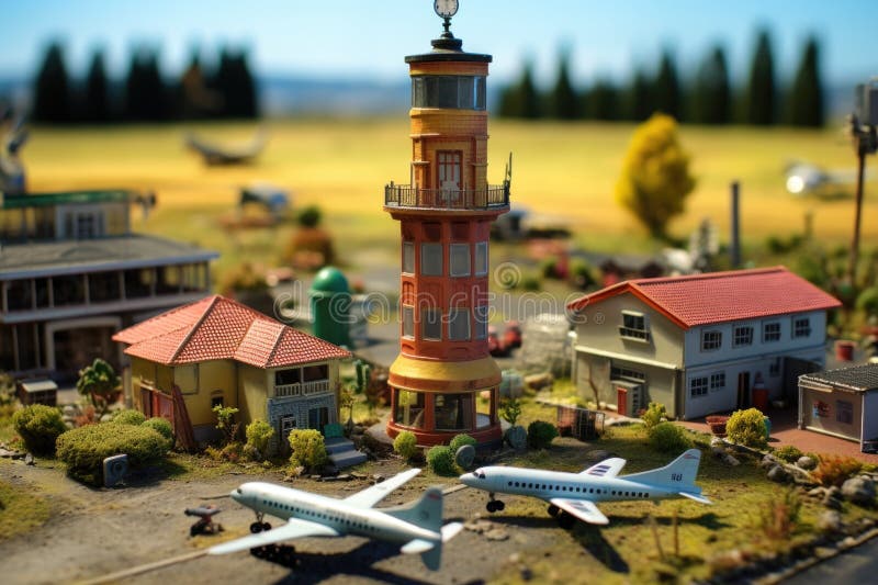 Miniature Airport with Small Airplanes and Control Tower Stock ...