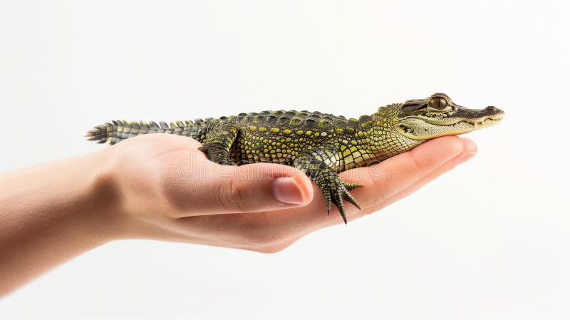Miniature Alligator Sits on a Human Hand Against a Stark White ...