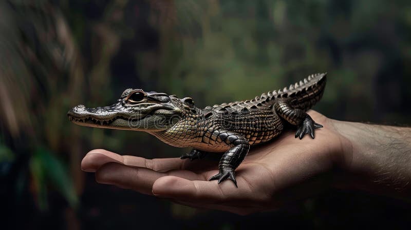 Miniature Alligator Sits on a Human Hand Against a Stark White ...