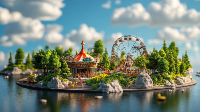 Miniature Amusement Park on a Lake Island Stock Illustration ...