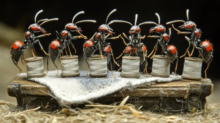 Miniature Ants Posed on Miniature Sewing Thread Spools Stock ...