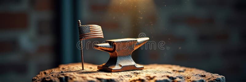 Miniature Anvil and American Flag on a Rock Surface with Subtle ...