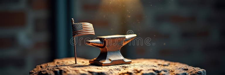 Miniature Anvil and American Flag on a Rock Surface with Subtle ...