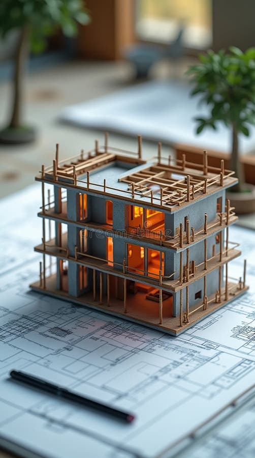 Miniature Architectural Model of Modern Building on Blueprint Stock ...