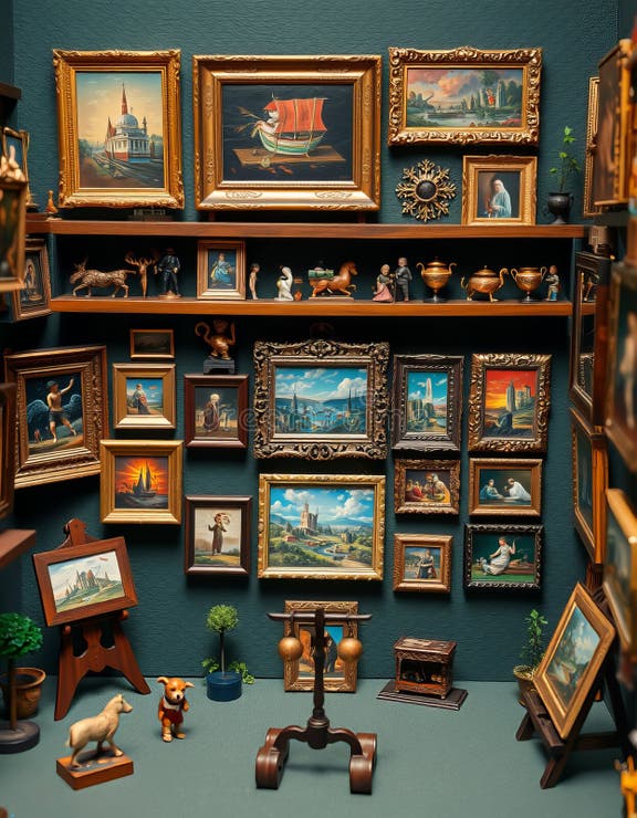 A Miniature Art Gallery Showcasing Tiny Masterpieces Stock Illustration ...