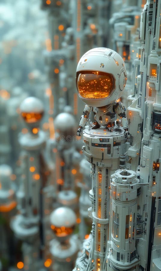 Miniature Astronaut Exploring Futuristic Cityscape with Glowing ...