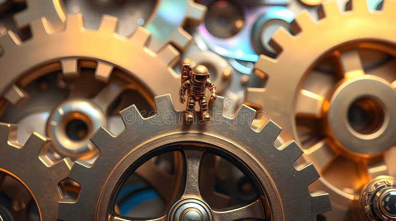 Miniature Astronaut on Gears - Steampunk Style 3D Render for Sci-Fi and ...