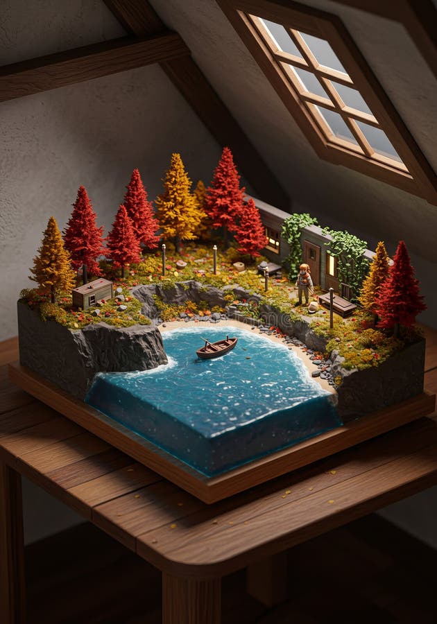 Miniature Autumn Lake Scene with Boat and Trees in Cozy Interior ...