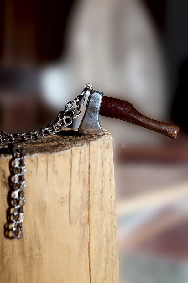 Miniature Ax with a Chain in the Tree Stock Image - Image of nature ...