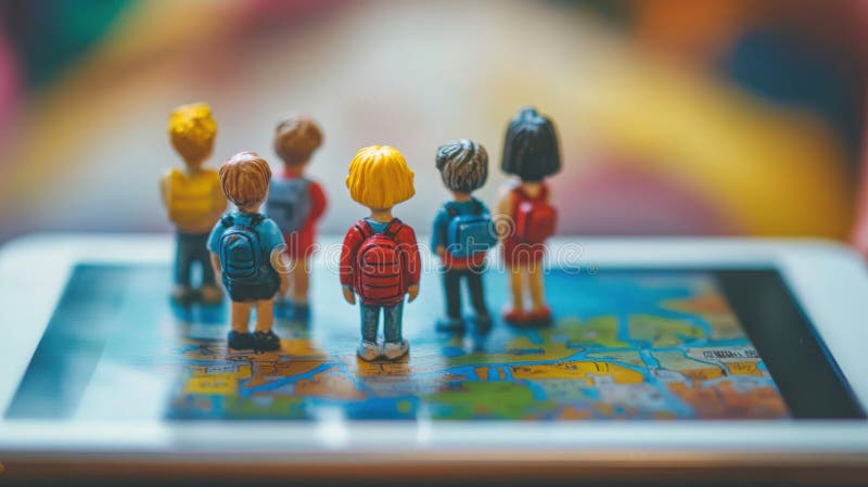 Miniature Backpacked Figures Exploring a Map on a Tablet, Concept of ...