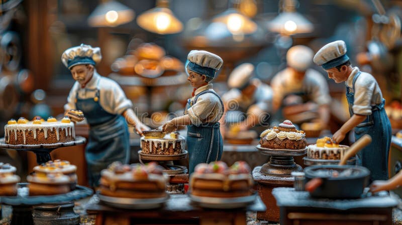 Miniature Bakers Preparing Delicious Cakes in a Cozy Bakery Stock ...