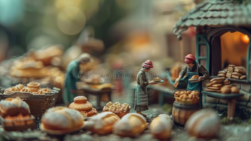 Charming Miniature Bakery Scene: Artisanal Bread and Pastries Stock ...