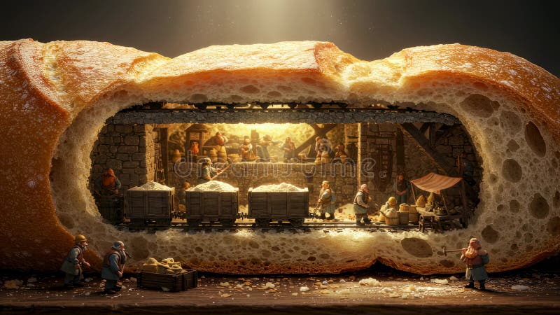 Miniature Bakery Scene Inside Bread Loaf with Lively Characters and ...