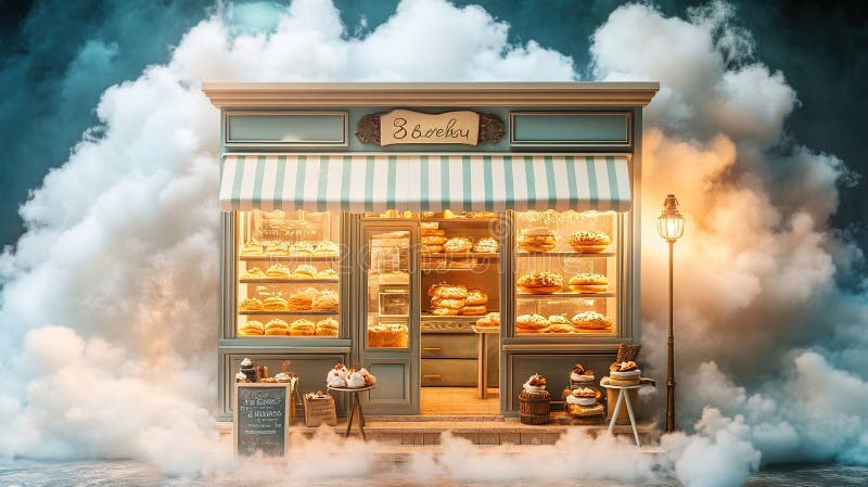 Miniature Bakery Shop in Clouds, Showcasing Pastries, Bread, and Cakes ...