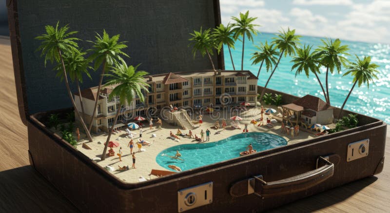 Miniature Beach Resort in Suitcase with Palm Trees and Poolside Scene ...