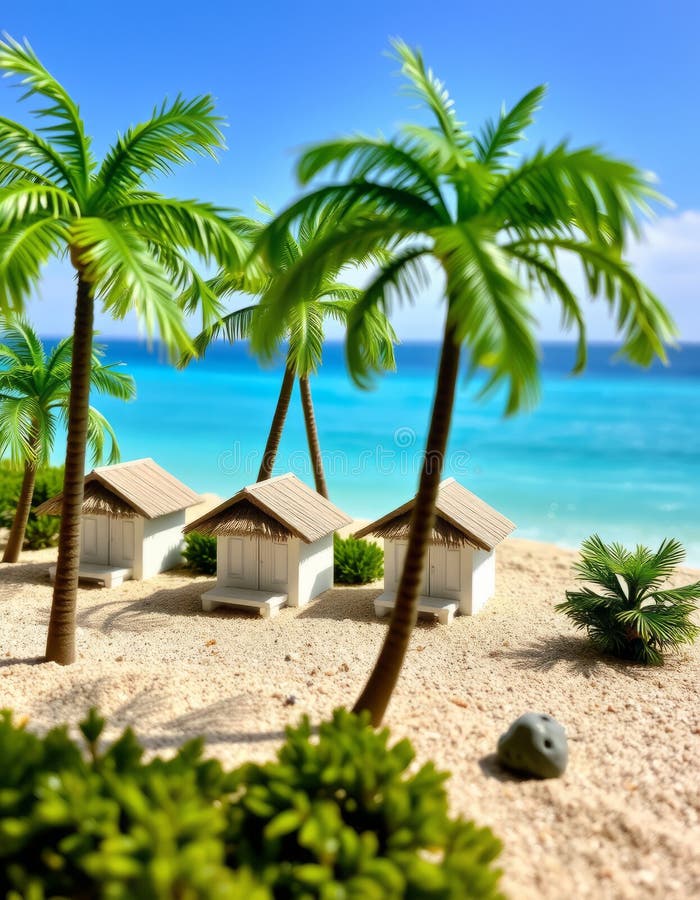 A Miniature Beach Resort with Tiny Beach Huts and Palm Trees Stock ...