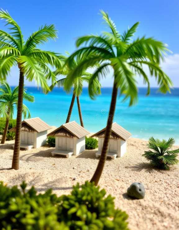 A Miniature Beach Resort with Tiny Beach Huts and Palm Trees Stock ...