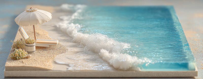 Miniature Beach World Seen from Side Angle on Reflective Table with ...