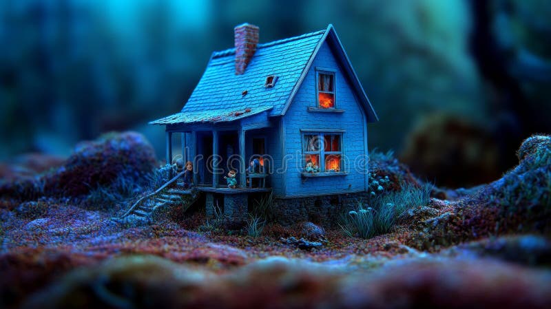 A Miniature Blue House with Flames in the Background Stock Photo ...