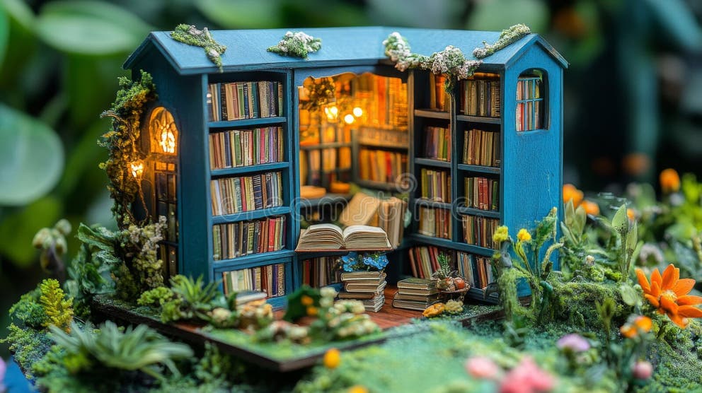 Miniature Blue Library in a Lush Garden Setting Stock Illustration ...