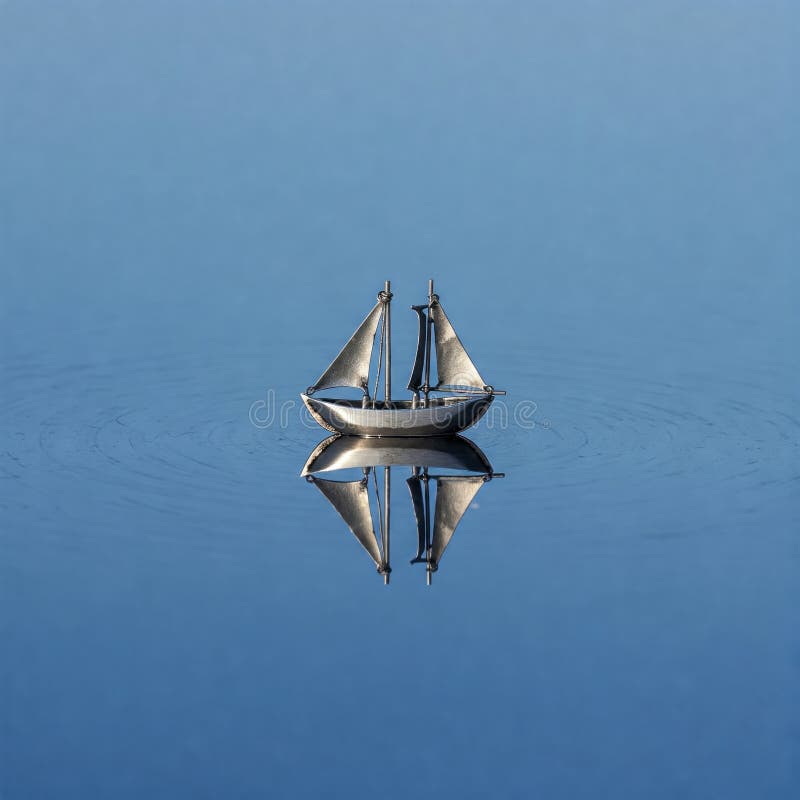 A Miniature Boat with Sails is Reflected in the Mirror Water. Stock ...
