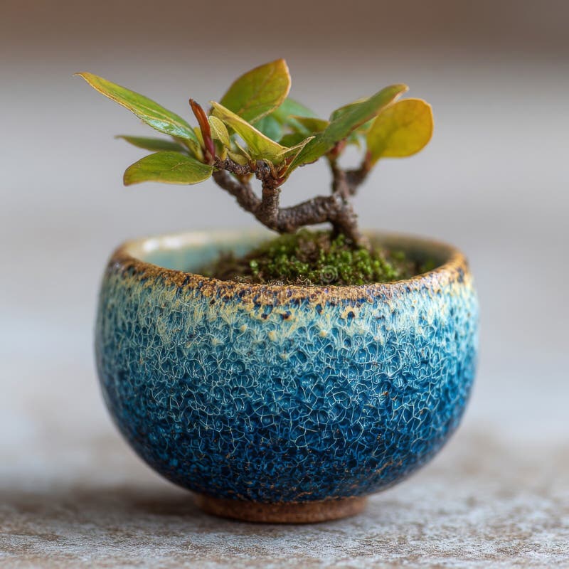 Miniature Bonsai Tree in Blue Ceramic Pot Stock Illustration ...
