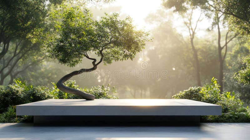 Miniature Bonsai Tree on Concrete Base in Sunlit Garden Stock ...