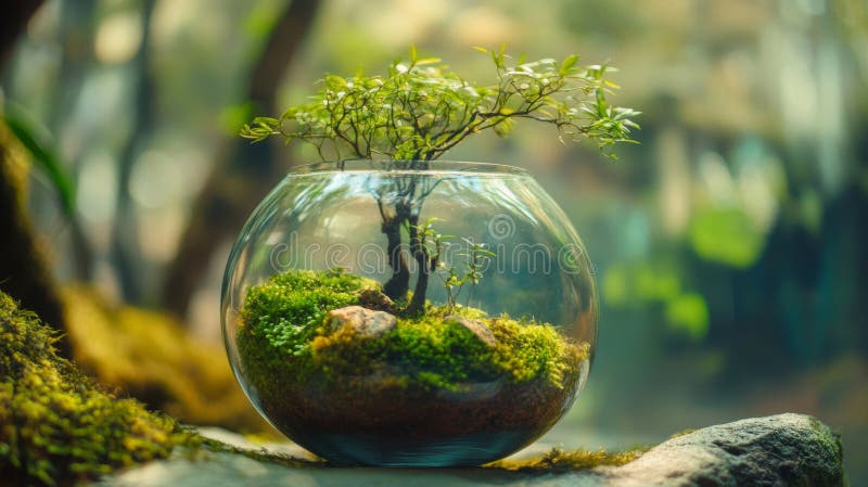 Miniature Bonsai Tree in Glass Terrarium with Moss Stock Illustration ...
