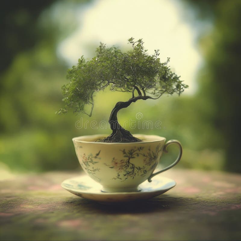 Bonsai Tree Growing in Vintage Floral Teacup Stock Image - Image of ...
