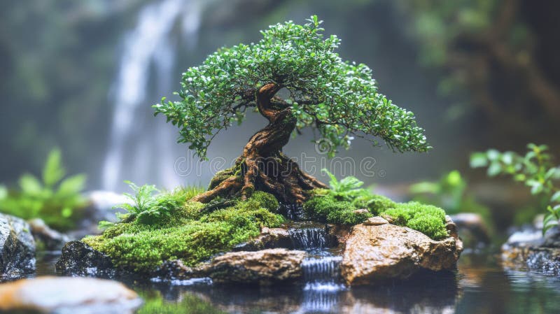 Miniature Bonsai Tree Water Feature Zen Garden Stock Illustration ...