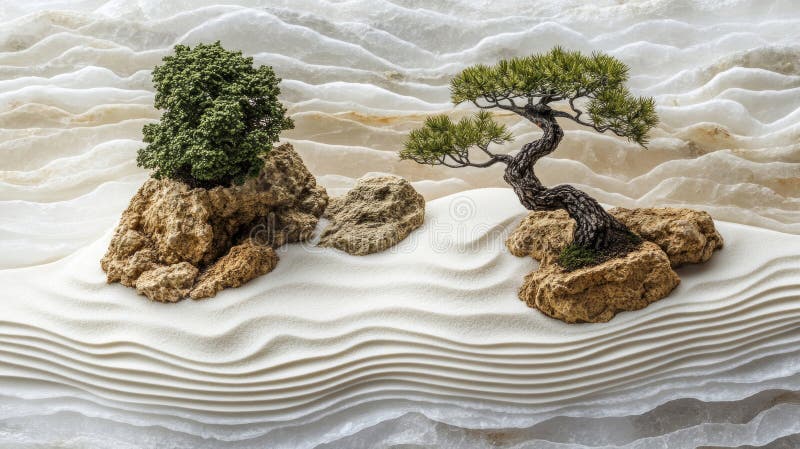 Miniature Bonsai Trees on Textured Sand Landscape Stock Illustration - Illustration of japanese ...