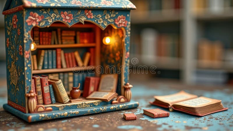 Miniature Bookshelf Diorama with Ornate Design and Tiny Books Stock ...