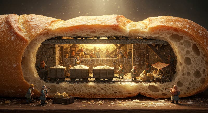 Miniature Bread Quarry: Tiny Workers Inside Sliced Bread Scene with ...
