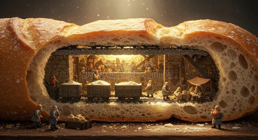 Miniature Bread Quarry: Tiny Workers Inside Sliced Bread Scene with ...
