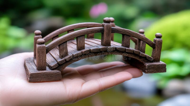 A Miniature Bridge in a Persons Hand with Flowers and Trees, AI Stock ...