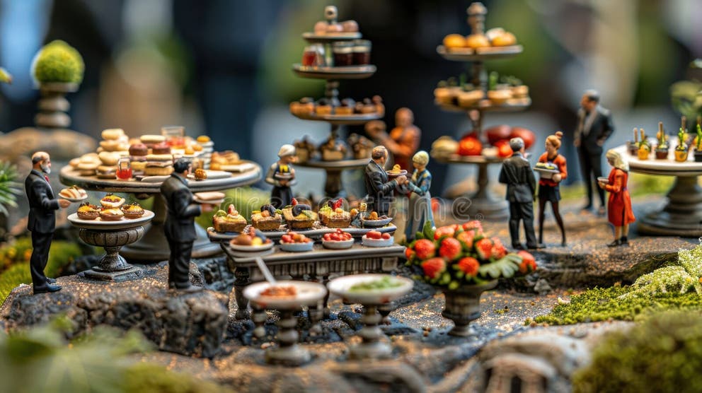 Miniature Buffet Scene: Elegant Dessert Display with Waiters Stock ...