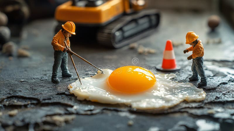 Tiny Construction Workers Fixing a Large Egg Yolk on a Messy Surface ...