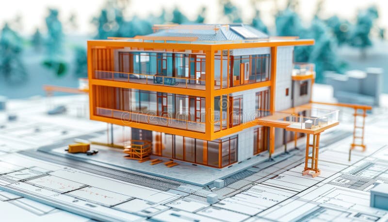 Miniature Building Model on Blueprint with Urban Design Features ...