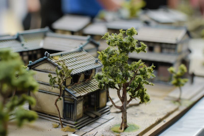 Miniature Buildings with Small Trees in a Tabletop Setup Stock Image ...