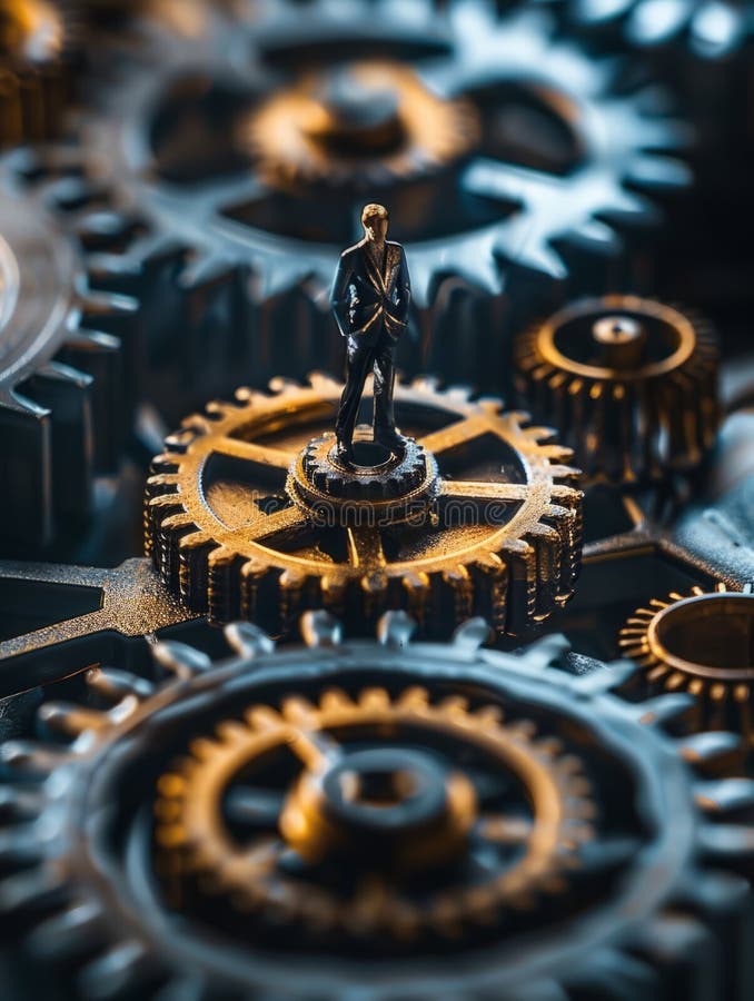 Miniature Businessman Standing on a Gear among Large Gears. Stock Image ...