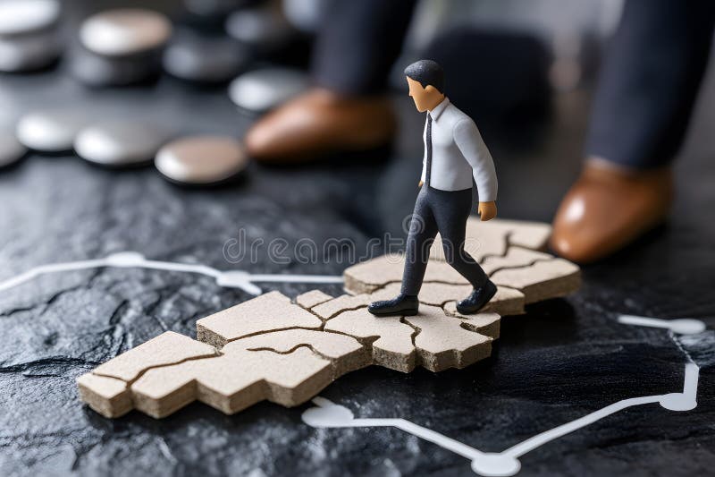 Miniature Businessman Walking on Cracked Path Symbolizing Risk and ...