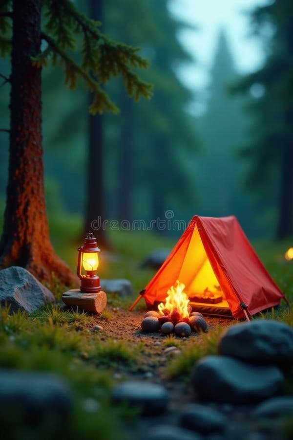 Miniature Camping Scene with Toy Tent Lantern and Campfire Light Night ...
